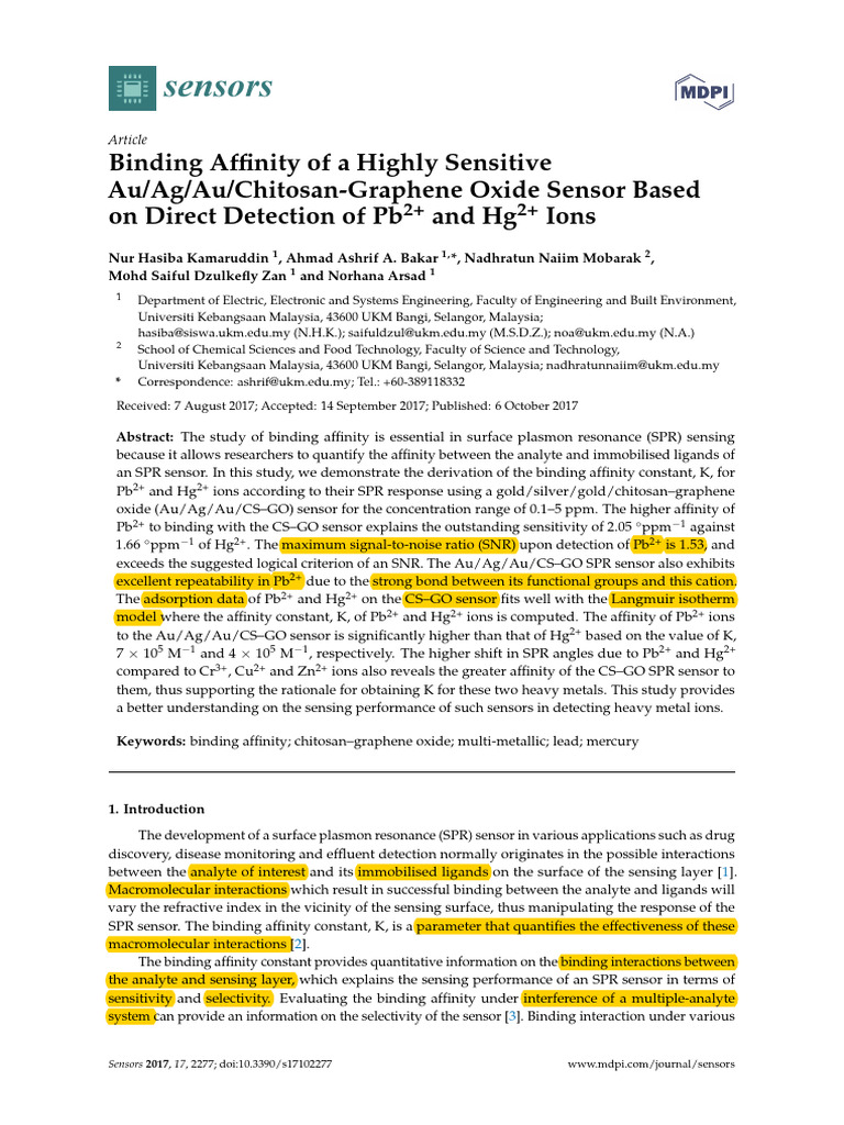 Au/Ag/Au/CS-GO Sensor for Pb2+ & Hg2+ Detection | PDF | Surface Plasmon Resonance | Ligand ...