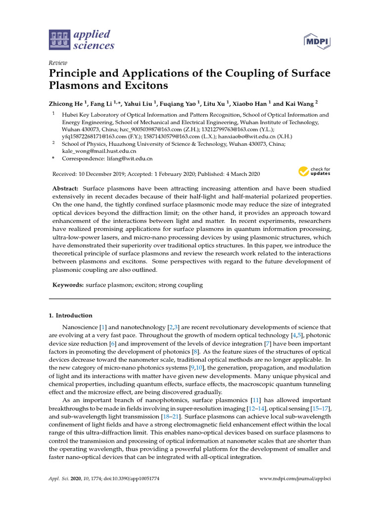 Principle and Applications of the Coupling of Surface Plasmons and Excitons | Download Free PDF ...