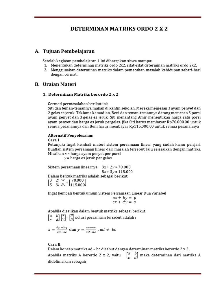 Determinan Matriks Ordo 2x2 | PDF