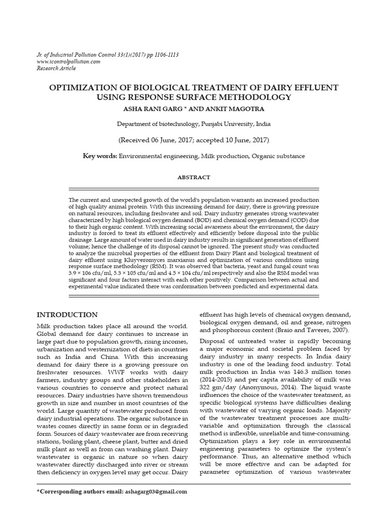 Optimization of Biological Treatment of Dairy Effluentusing Response Surface Methodology | PDF ...