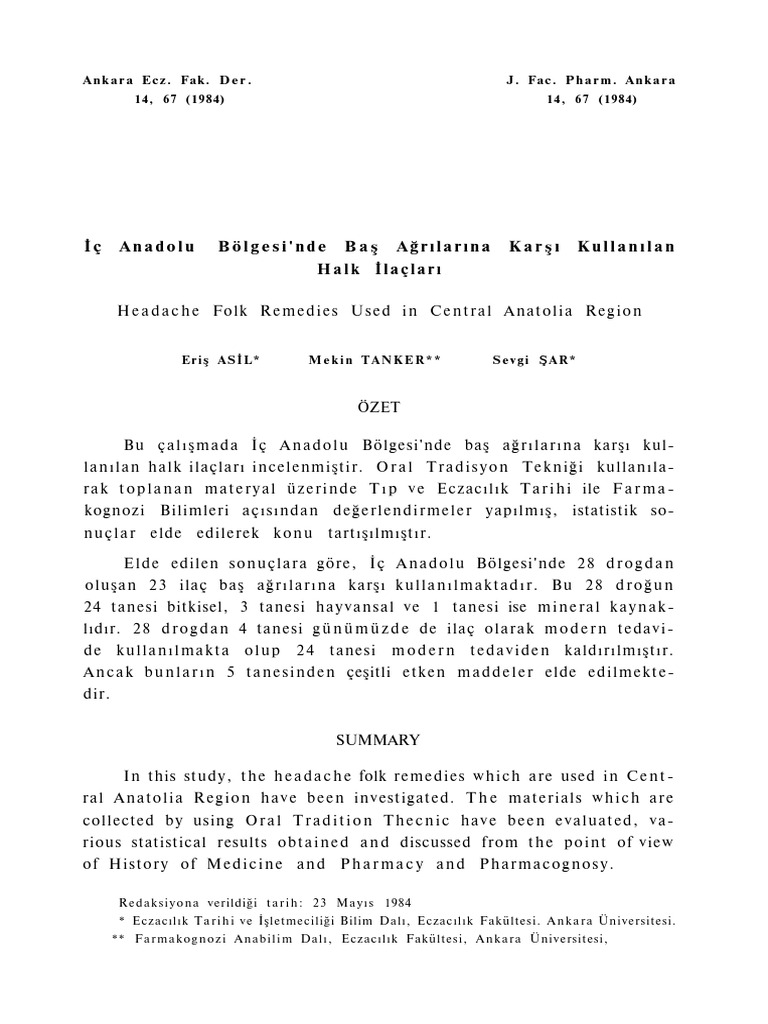 Ic Anadoludaki Bas Agrisi Halk Ilaclari | PDF