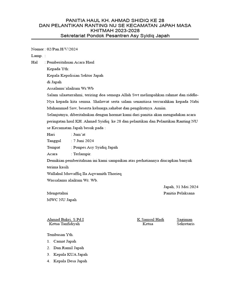 Pemberitahuan Acara Haul KH. Ahmad Shidiq | PDF