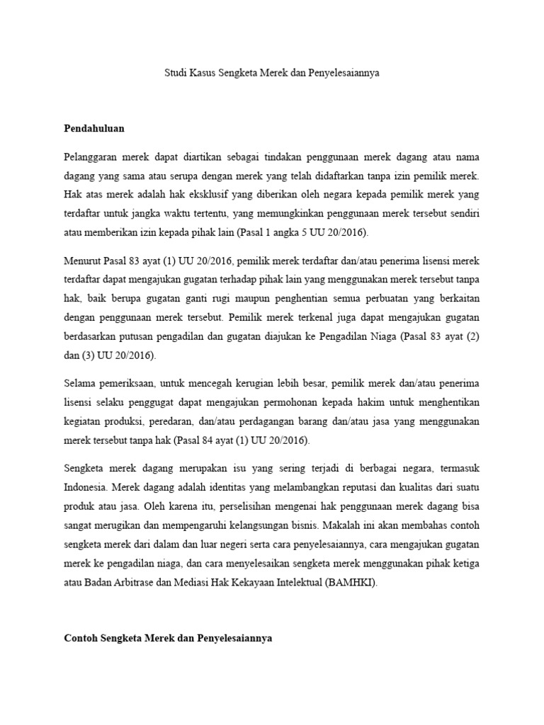 Studi Kasus Sengketa Merek Dan Penyelesaiannya | PDF | Bisnis | Griya ...