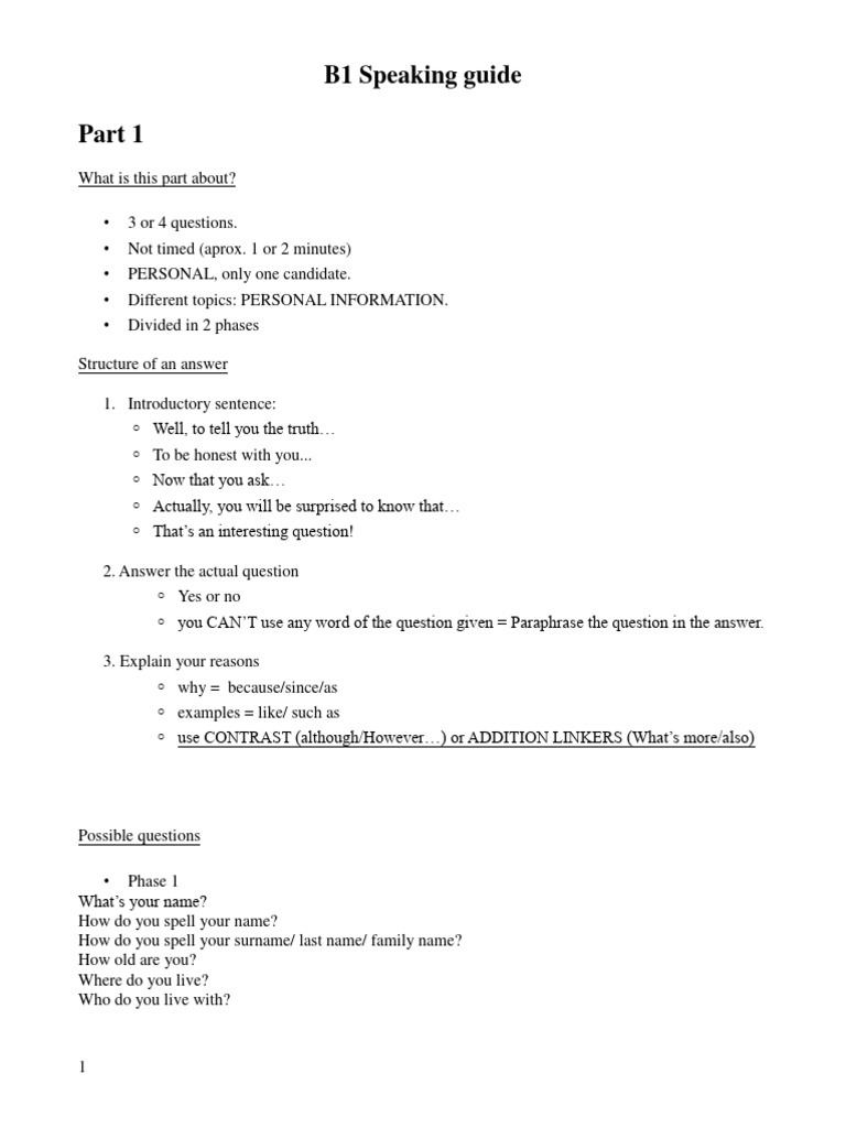 B1 SPEAKING GUIDE 2023 | PDF | Linguistics