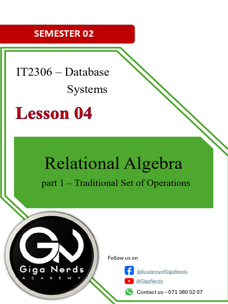DB Lesson 4 Class Note Relational Algebara Part 1 | PDF | Relational Model | Relational Database