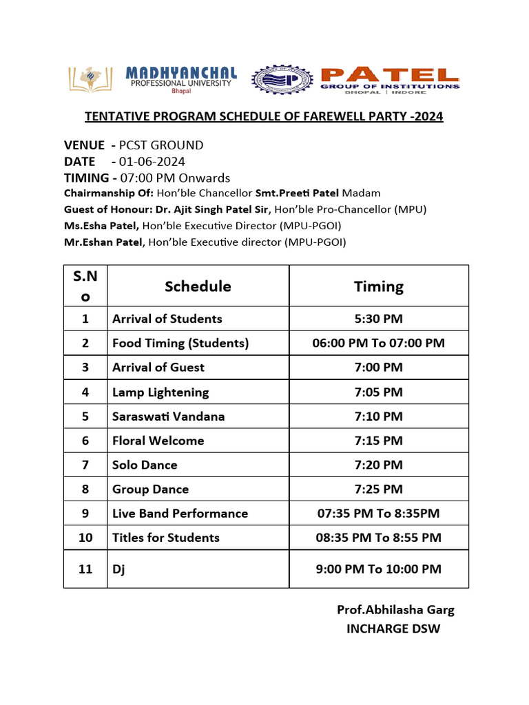 Program Schedule of Farewell Party - 2024 | PDF