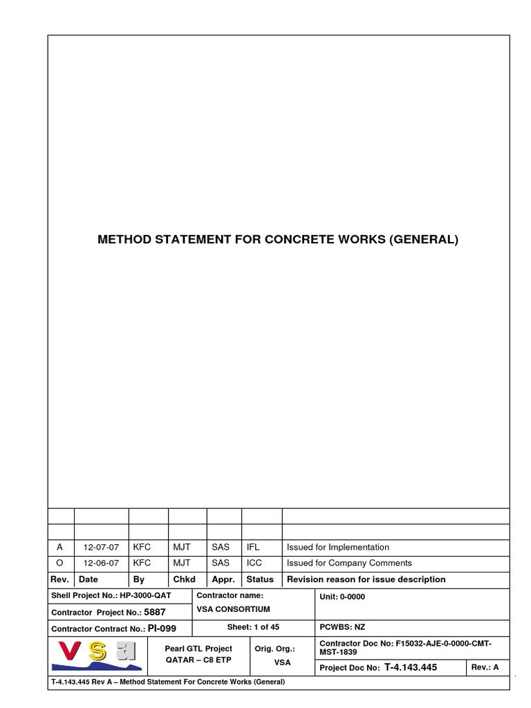 Method Statement for Concrete Works | PDF | Concrete | Quality Assurance