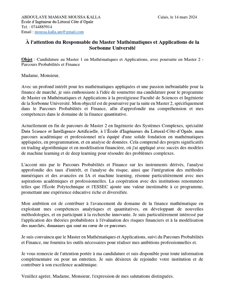 Lettre de Motivation Master Mathématiques Et Applications de La Sorbonne Université | PDF ...