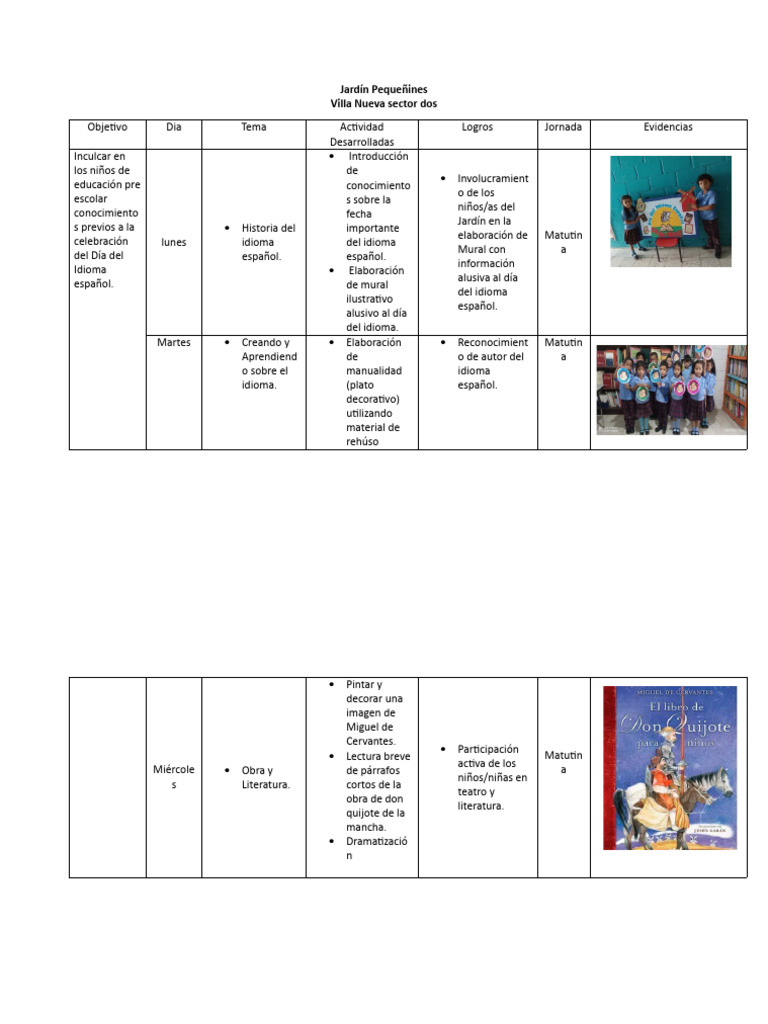 Plan Semanal Día Del Idioma Jardin Pequeñines | PDF