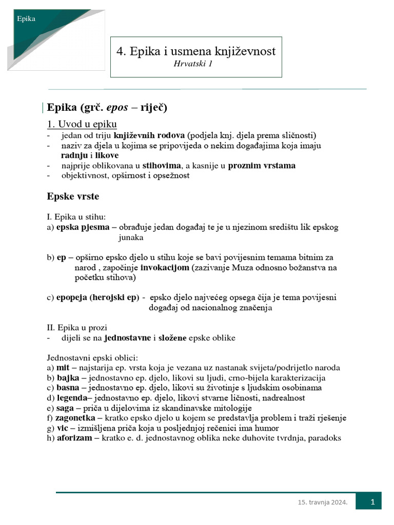 Epika I Usmena Književnost | PDF