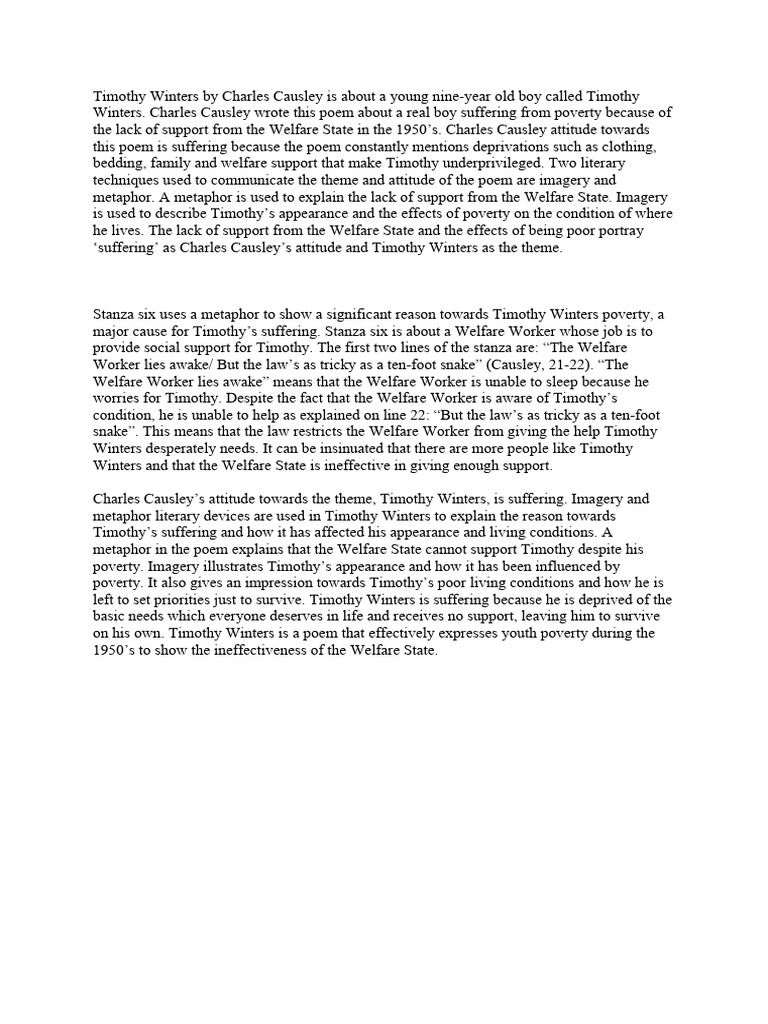 Timothy Winters by Charles Causley Is About A Young Nine | PDF | General Fiction