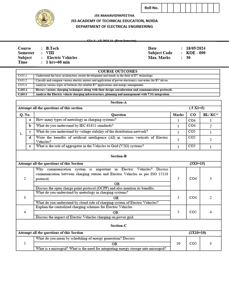 Ev Cia-3 QP | PDF | Electric Vehicle | Electricity