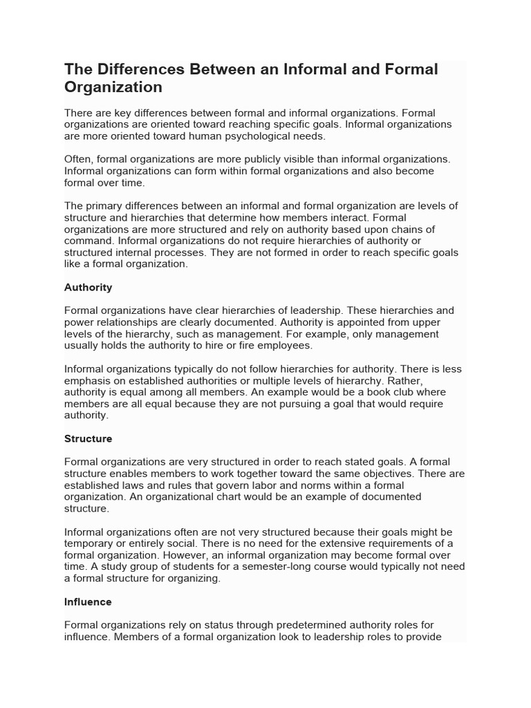 Formal vs Informal Organizations Explained | PDF | Leadership | Goal