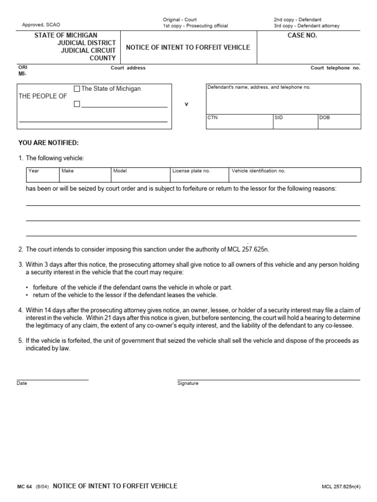 Notice of Intent To Forfeit Vehicle | PDF | Asset Forfeiture | Lease