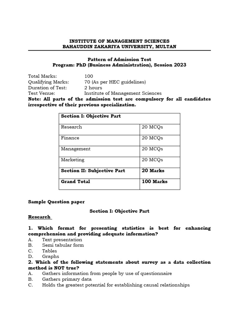 Sample Paper PHD Admission Test 2023 at IMS | PDF | Equity (Finance) | Debt