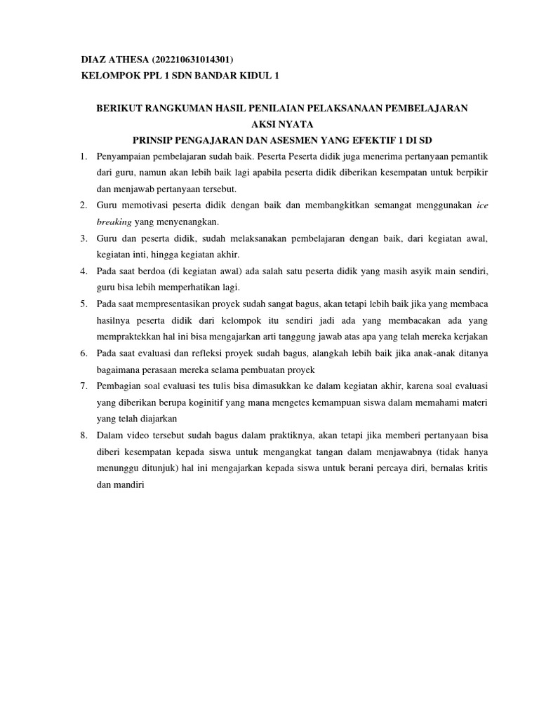 DIAZ ATHESA - T.6 AKSI NYATA - PRINSIP PENGAJARAN DAN ASESMEN YANG EFEKTIF DI I DI SD | PDF