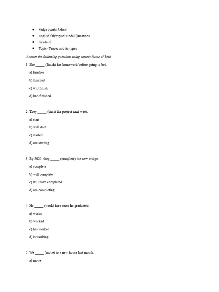 Grade 8 Tenses Practice Questions | PDF | Language Mechanics | Linguistics