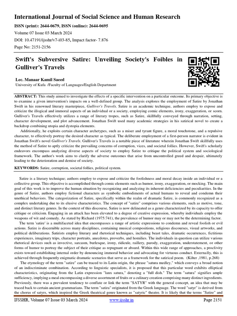 Swifts Subversive Satire Unveiling Societys Foib | PDF | Satire | Gulliver's Travels