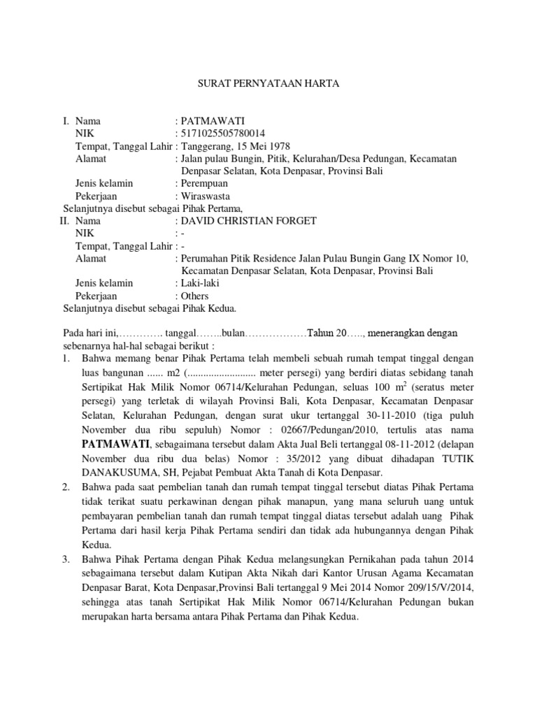 Surat Perjanjian Pembagian Harta | PDF