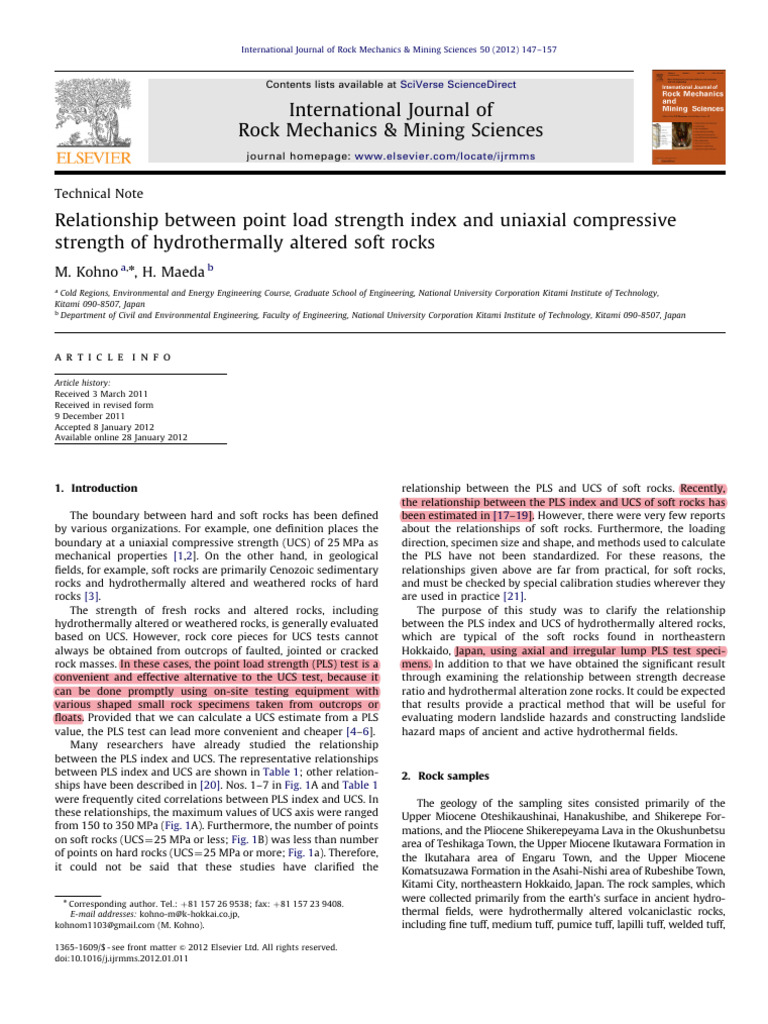 2012 Kohno Relationship Between Point Load UCS Soft Rocks | PDF | Rock ...