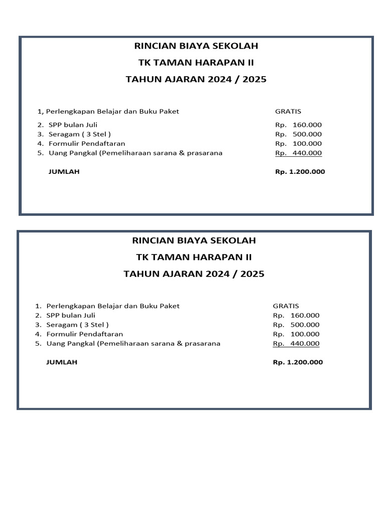 Rincian Biaya TK | PDF