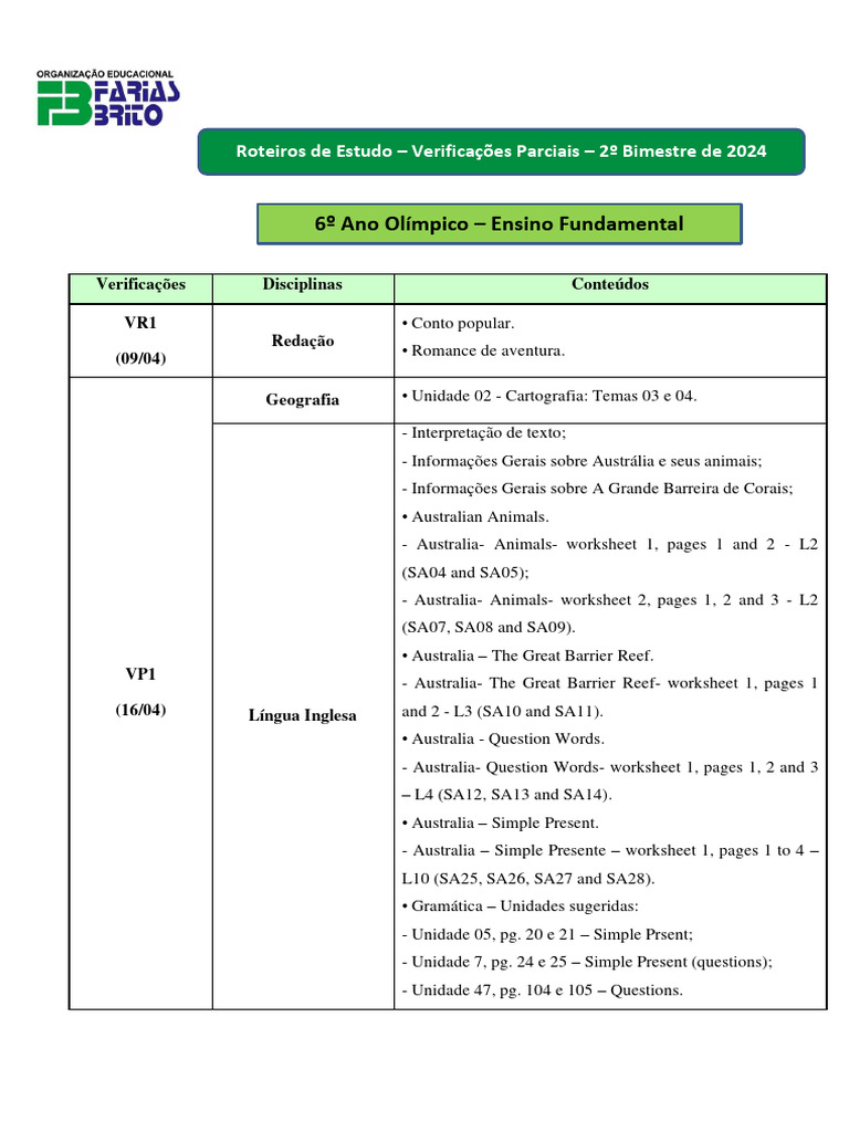 Roteiros de VP 6º Ano Olímpico 2° Bimestre 2024 | PDF | Matemática | Ângulo