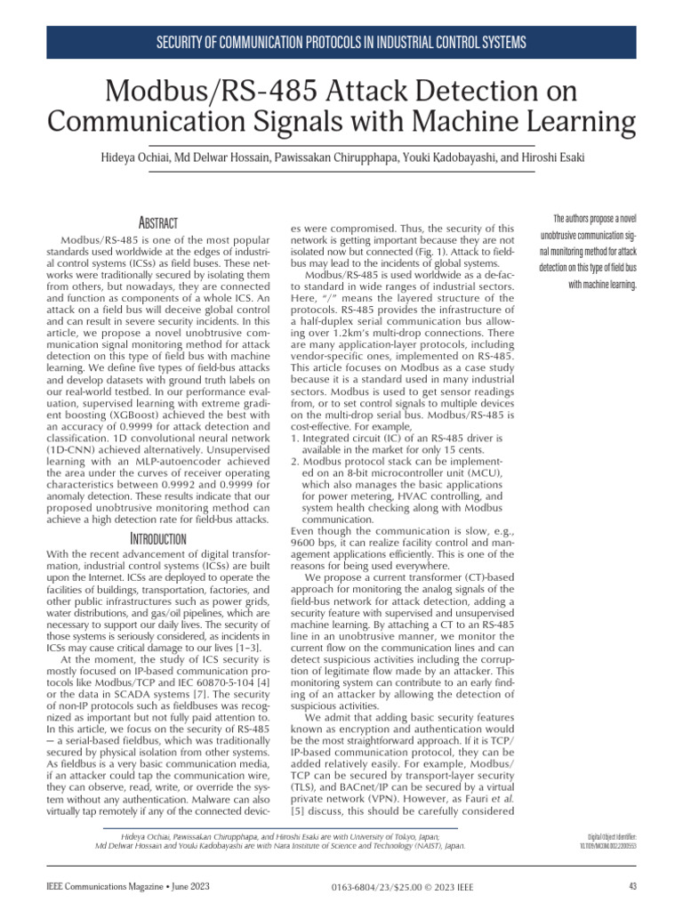 Modbus Rs 485 Attack Detection On Communication Signals With Machine Learning Download Free