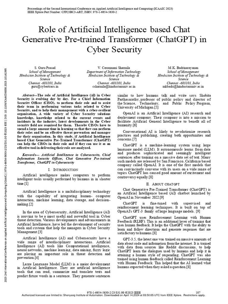 Role of Artificial Intelligence Based Chat Generative Pre-trained Transformer ChatGPT in Cyber ...