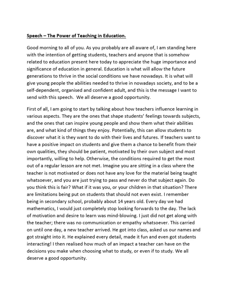 Speech - The Power of Teaching in Education. - English B | Download ...