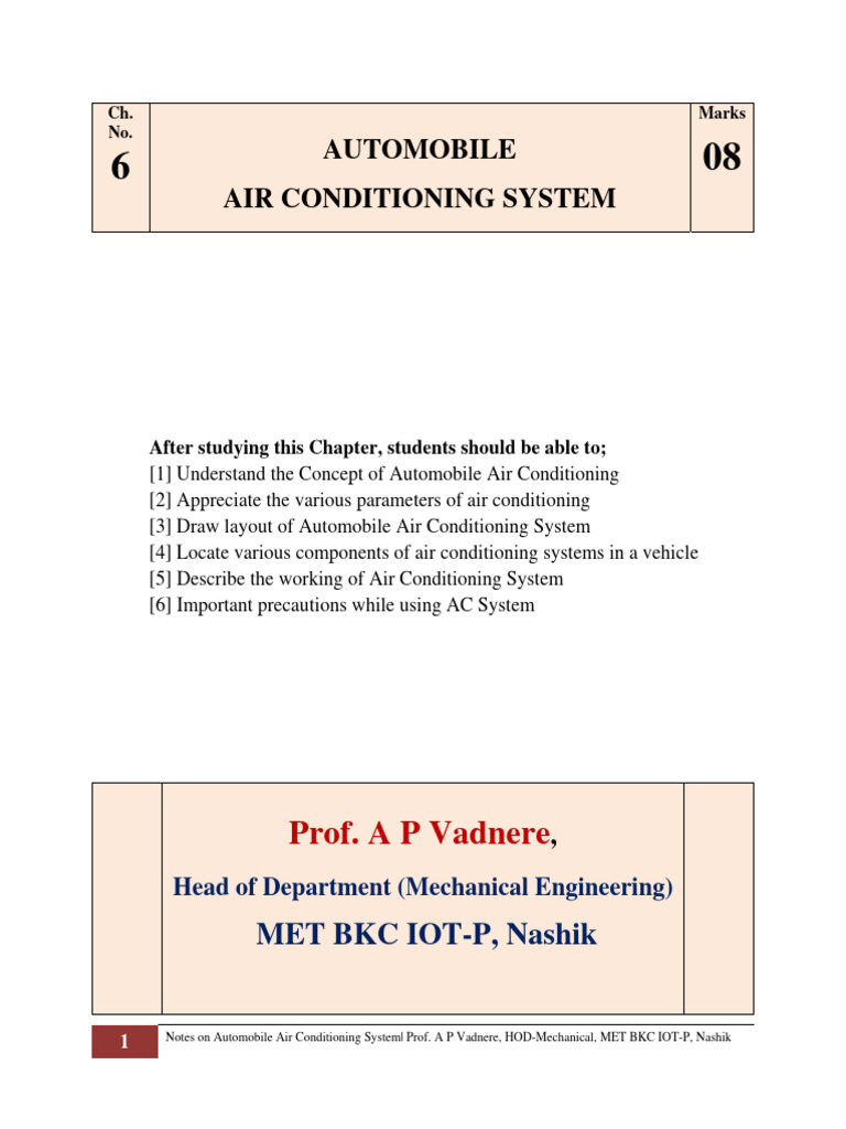 Notes On Automobile Air Conditioning | PDF | Air Conditioning | Humidity