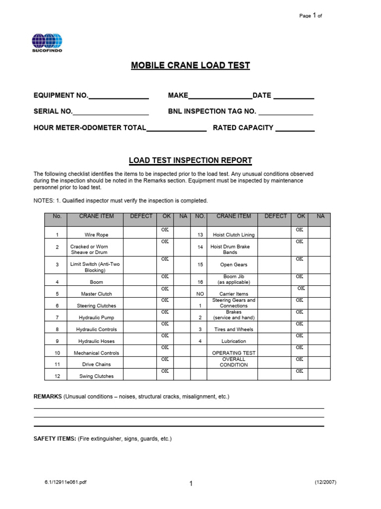 Mobile Crane Load Test Report Form | PDF | Crane (Machine) | Mechanical ...