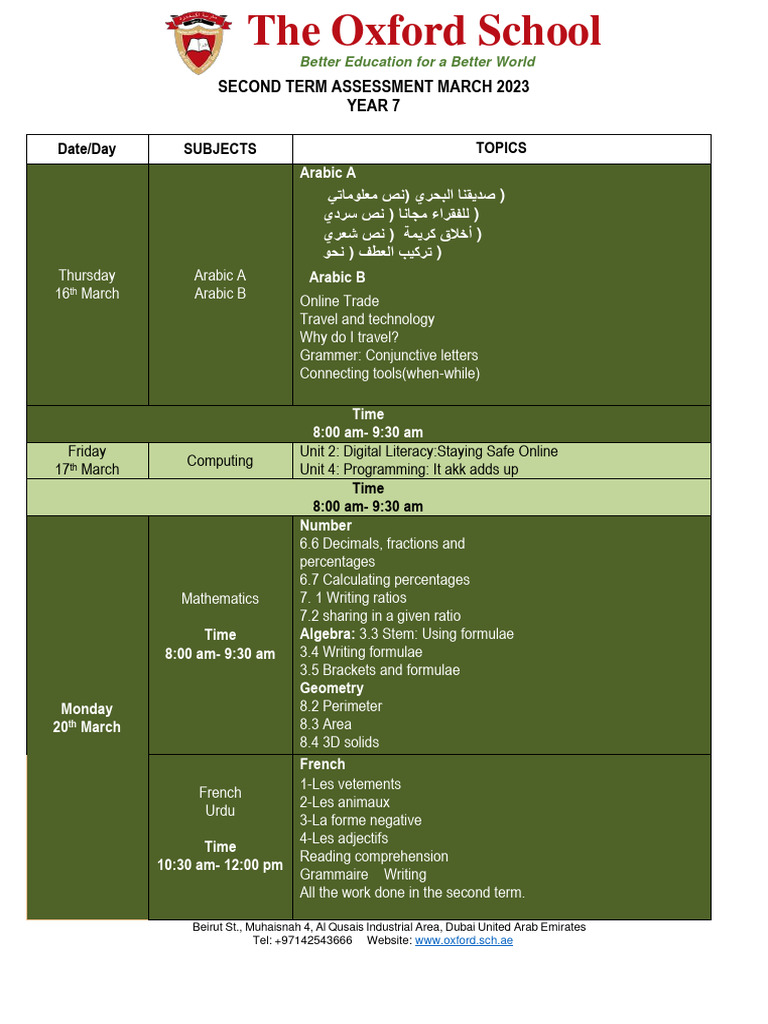 Year 7 Second Term Assessment Timetable | PDF