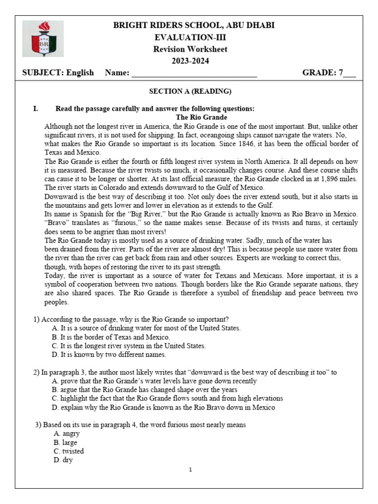 Grade 7 EV-3 REVISION WORKSHEET (1) For Some Subjects Grade 8 | PDF ...