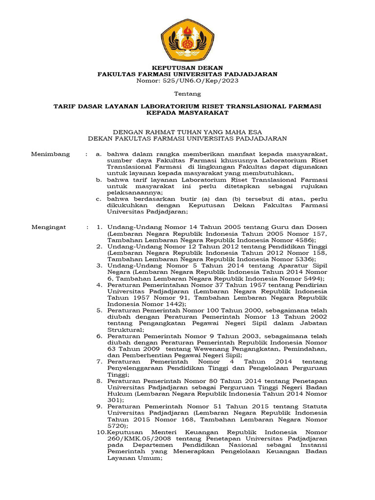 Draft Revisi Tarif Dasar Layanan Laboratorium Riset Translasional ...