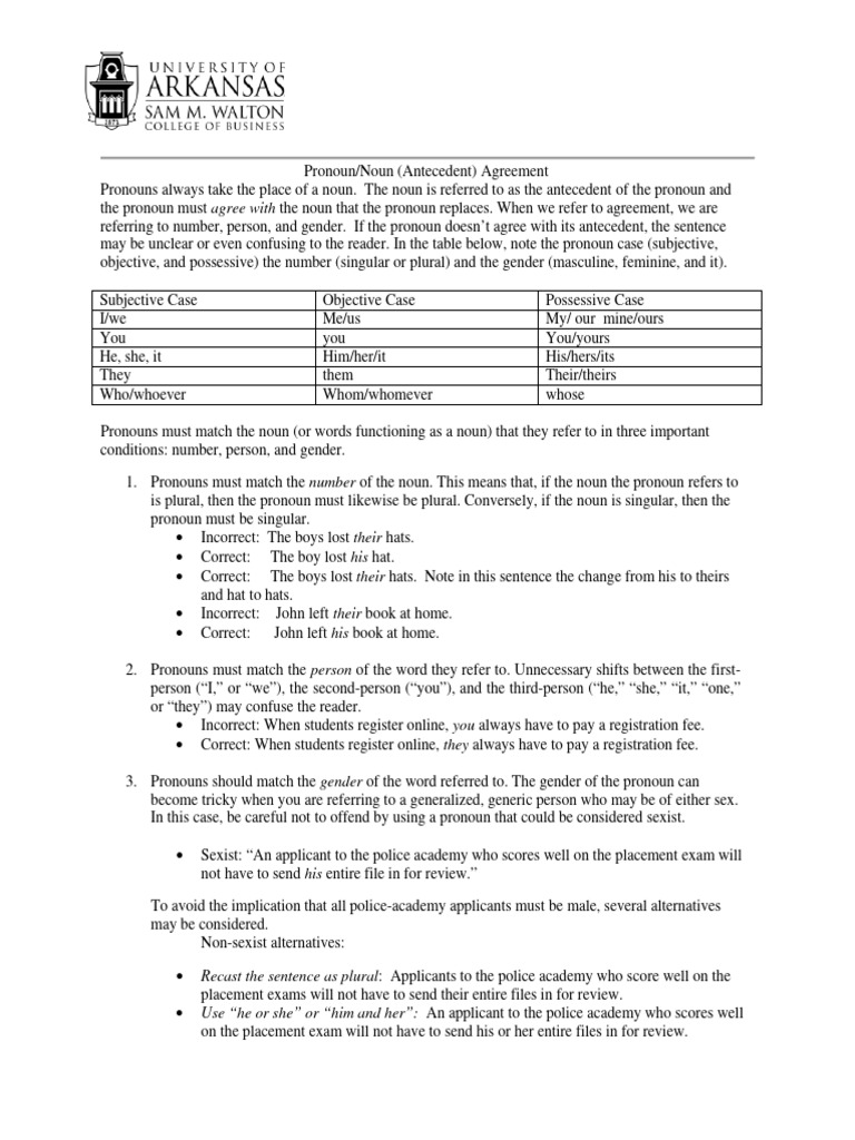 Noun Pronoun Agreement | PDF | Grammatical Gender | Pronoun