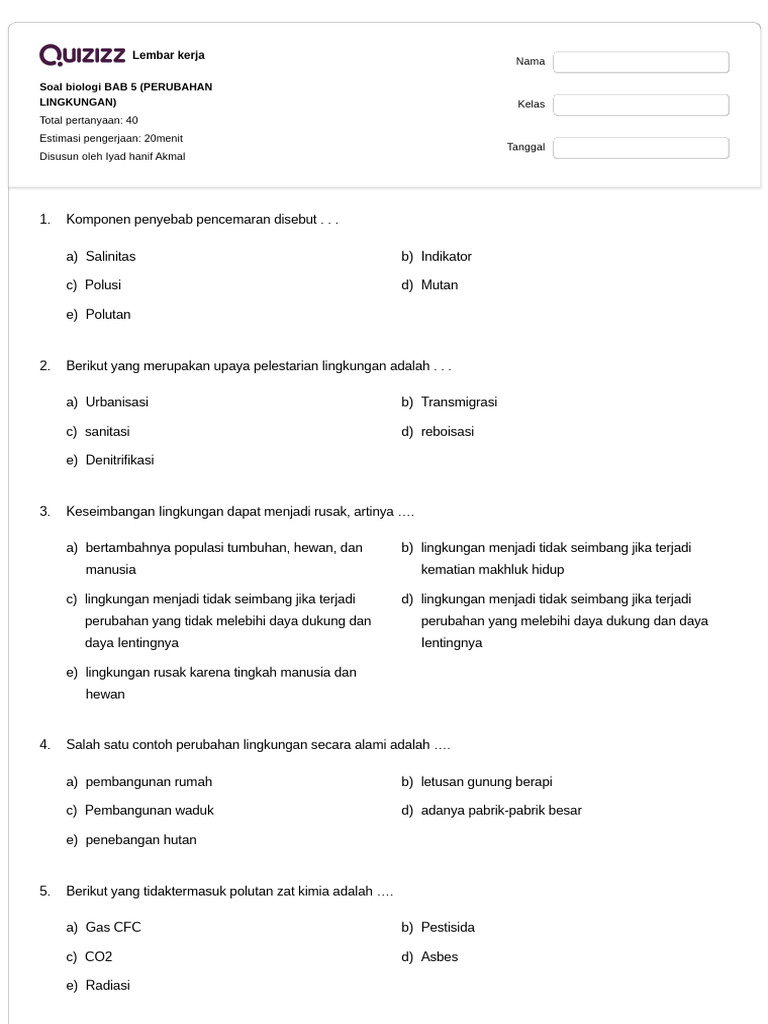 Quis Perubahan Lingkungan Kelas 10 | PDF