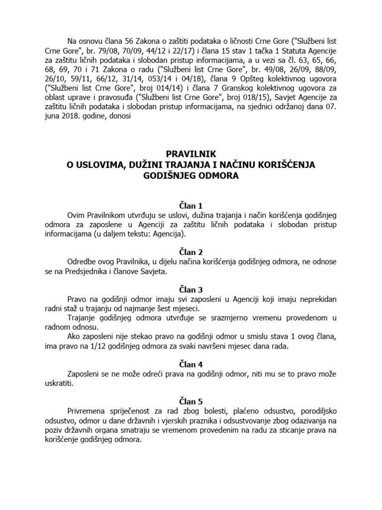Pravilnik Godisnji Odmor | PDF