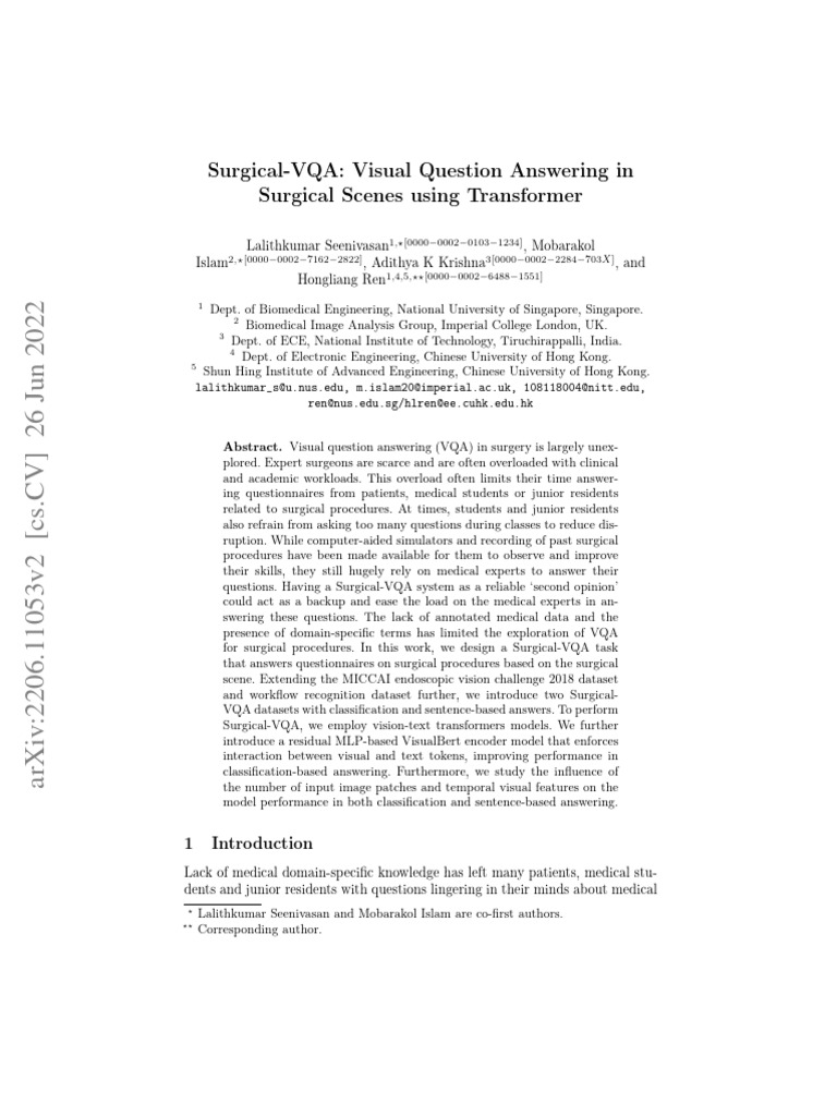 Surgical-VQA: Visual Question Answering in Surgical Scenes Using Transformer | PDF | Cognitive ...