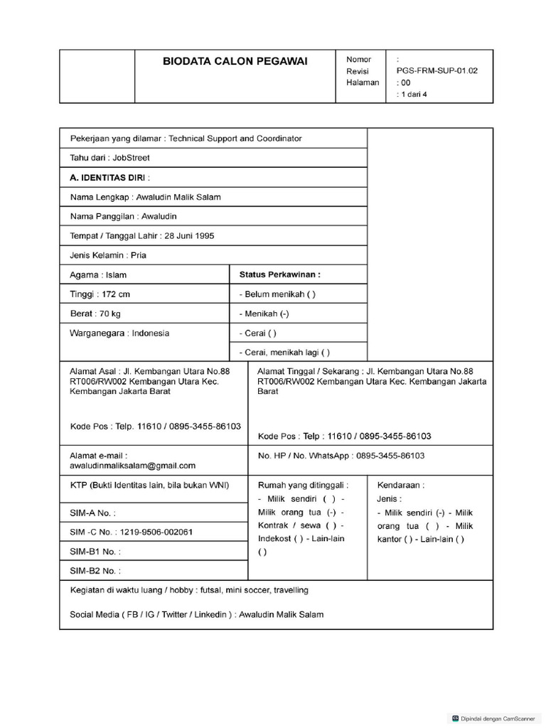 Application Form PT PGS (New) Awaludin Malik Salam | PDF