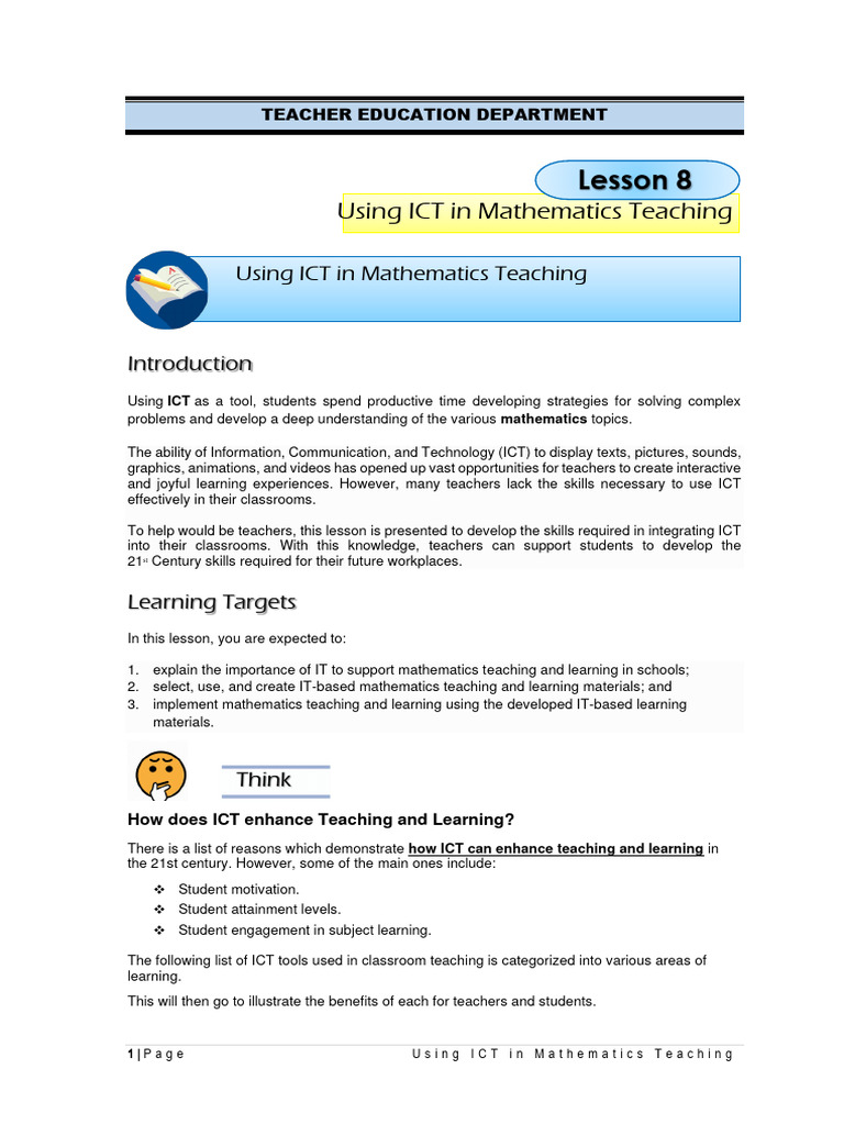 Integrating ICT in Mathematics Teaching | PDF | Educational Technology ...