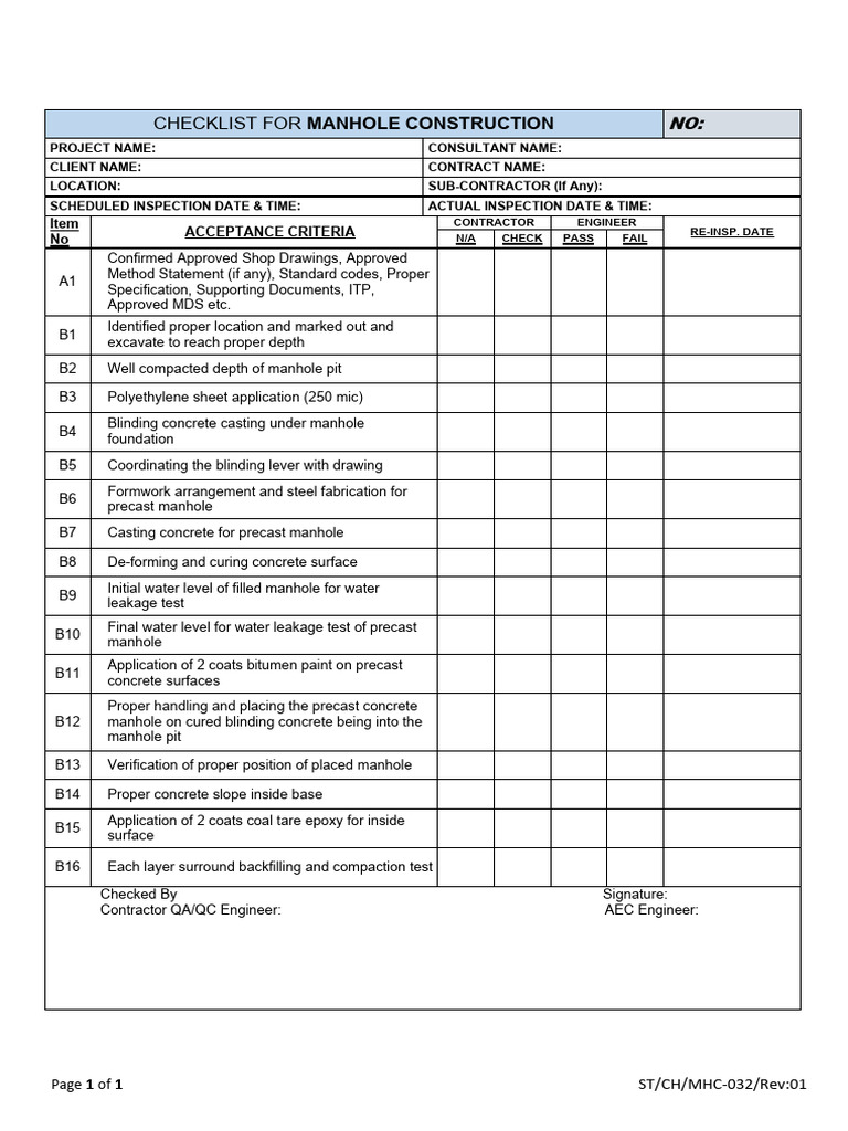 Manhole Construction Checklist | PDF | Technology & Engineering
