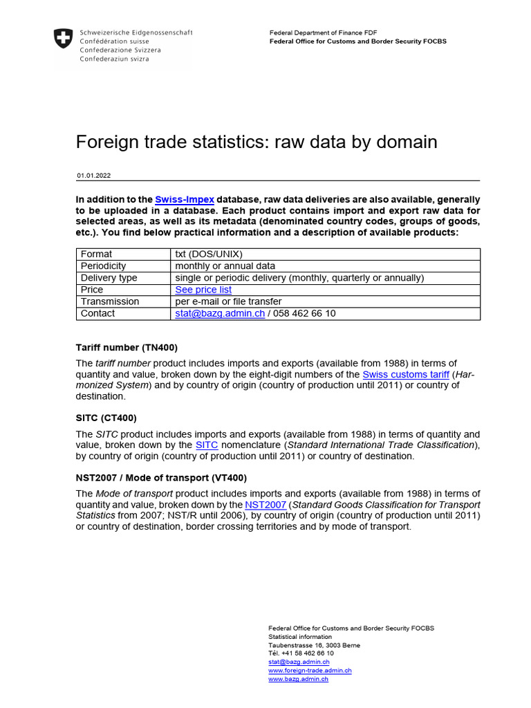 Swiss Foreign Trade Raw Data Overview | PDF | Metadata | Exports