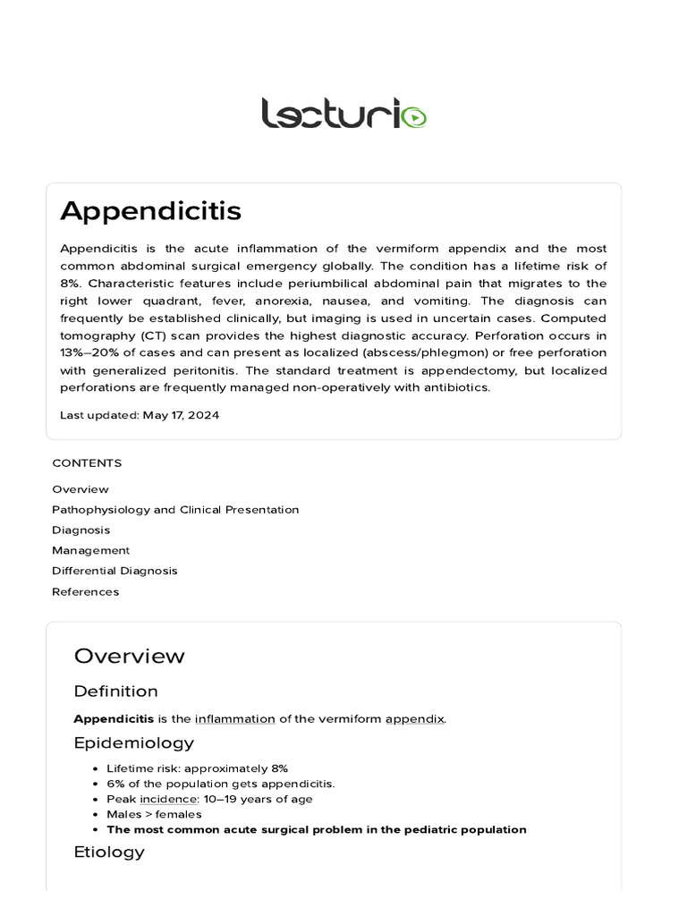Appendicitis - Lecturio | PDF | Gastroenterology | Causes Of Death