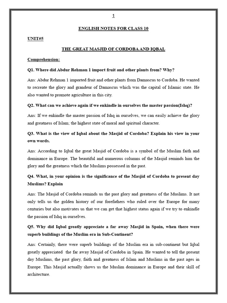 Class 10th English Notes 1-1 | PDF | Muhammad Ali Jinnah | Mosque