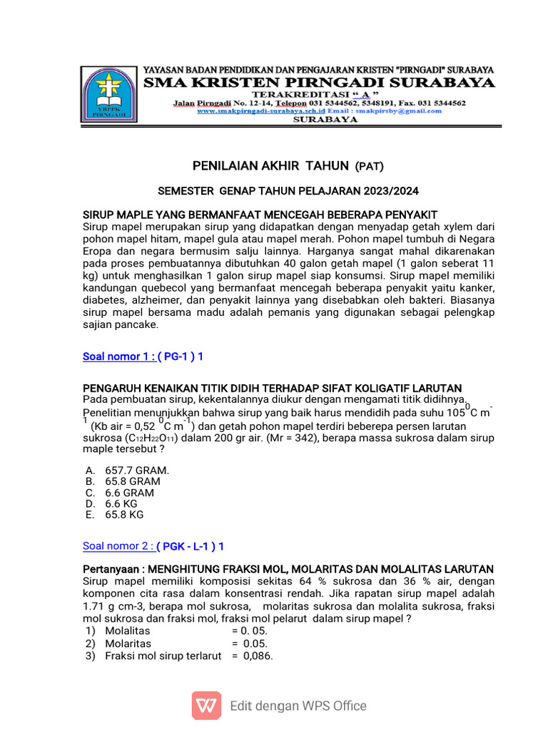 Soal Pat Genap Kimia Klas Xii Mipa 2023-2024 7-5-24... Final | PDF