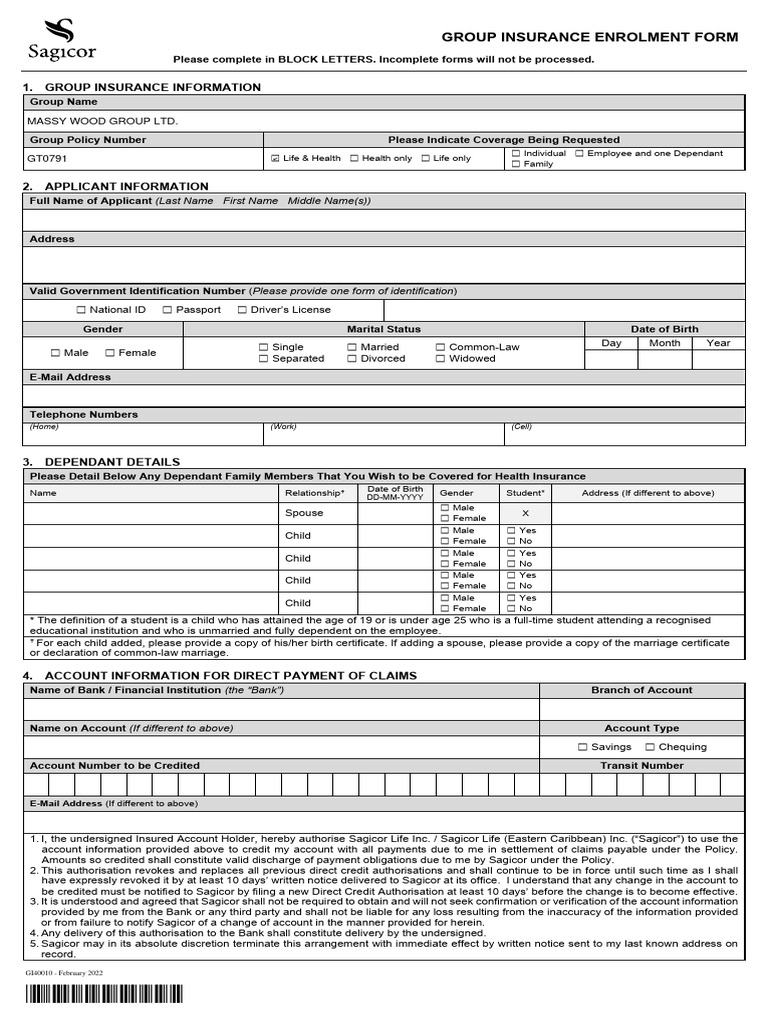 Group Insurance Enrollment Form | PDF | Insurance | Identity Document