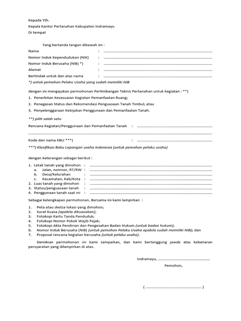 Blanko Permohonan Pertek PKKPR | PDF