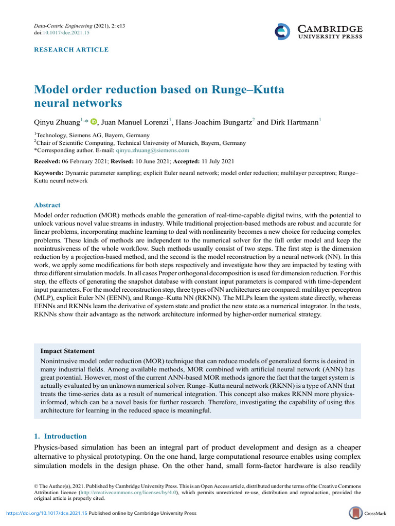 Model Order Reduction Based On Runge Kutta Neural Networks | PDF | Artificial Neural Network ...