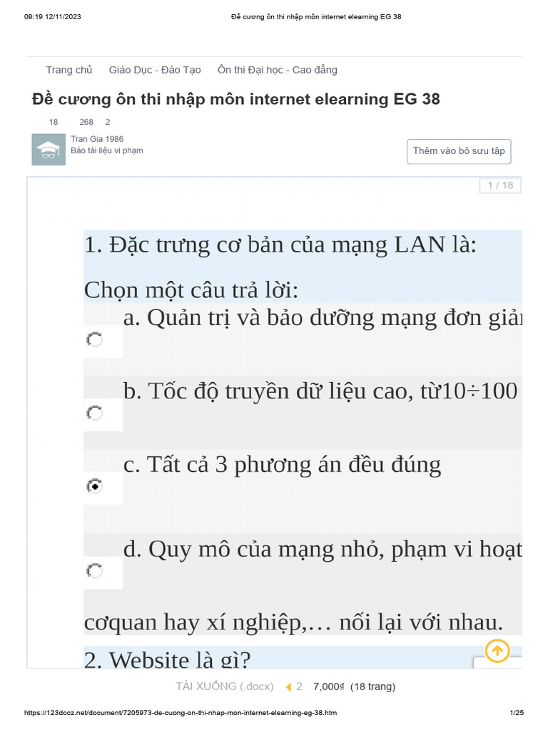 Đề cương ôn thi nhập môn internet elearning | PDF
