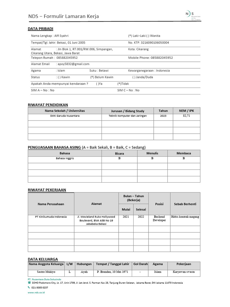 NDS - Form Biodata V.3.1 - Alfi Syahri | PDF